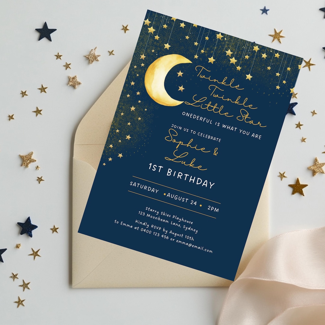 Twinkle Little Star Twin Birthday Invitation, Starry Night Birthday ...