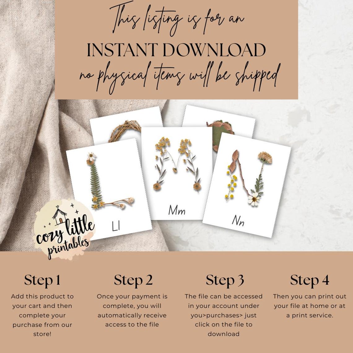 Alphabet Cards, Flash Cards, Digital Download, Floral Flash Cards ...