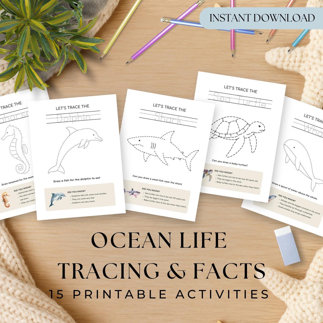 Ocean Life Tracing Sheets, Marine Animal Tracing and Facts Printables ...