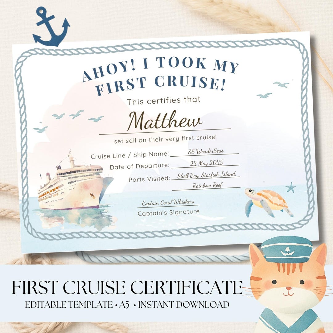 My First Cruise Certificate for Kids, Award, Vacation Gift, Editable ...