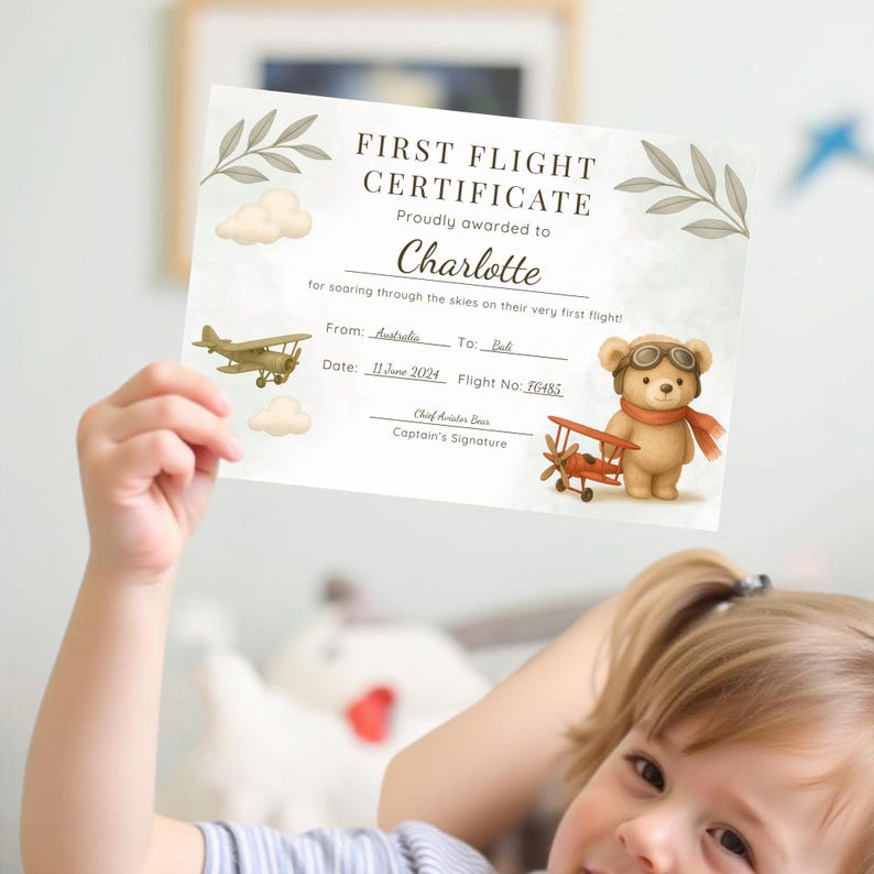 My First Flight Certificate for Kids, Award, Vacation Gift, Editable ...