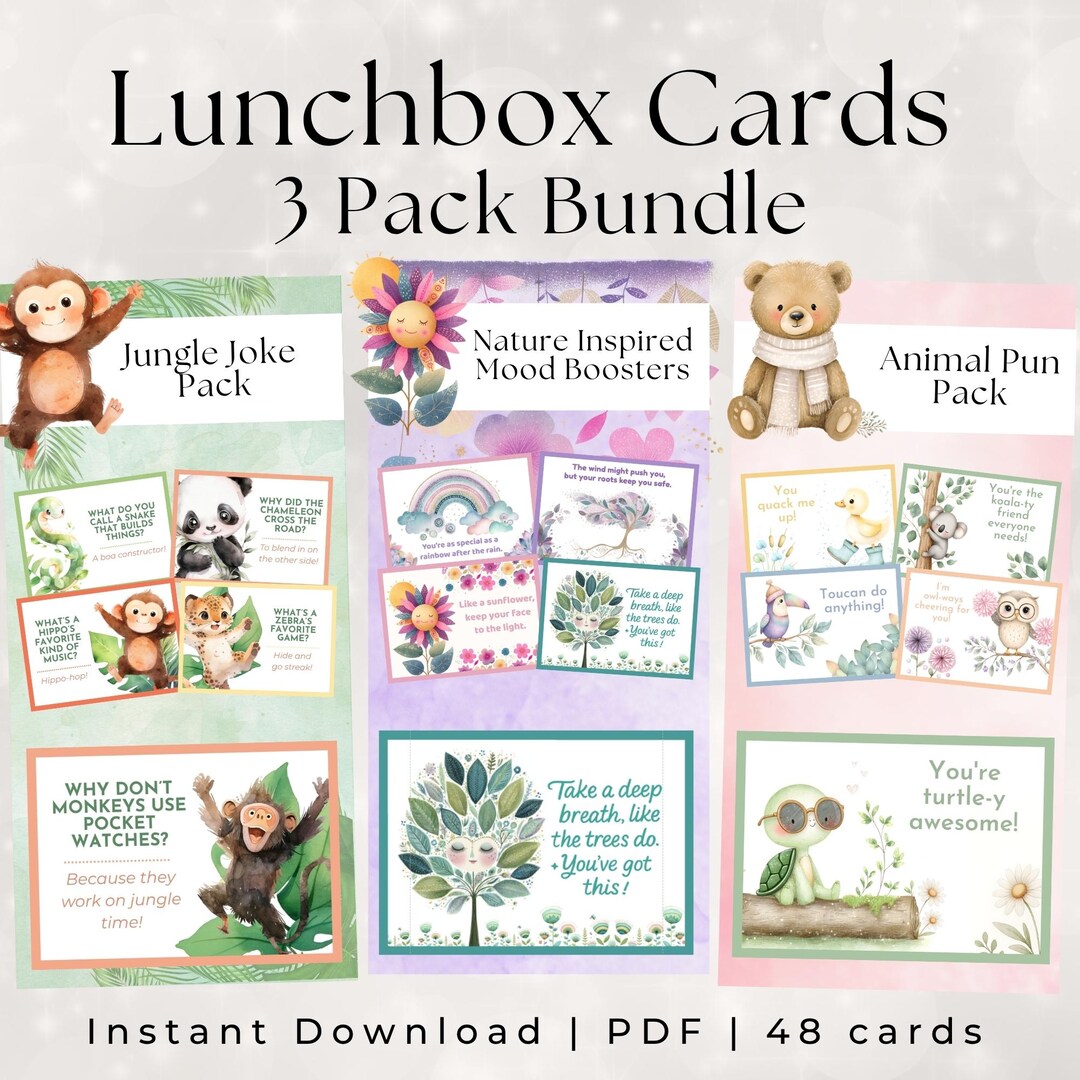 Lunchbox Cards, Pack Bundle, Printable Joke & Affirmation Notes, Nature ...