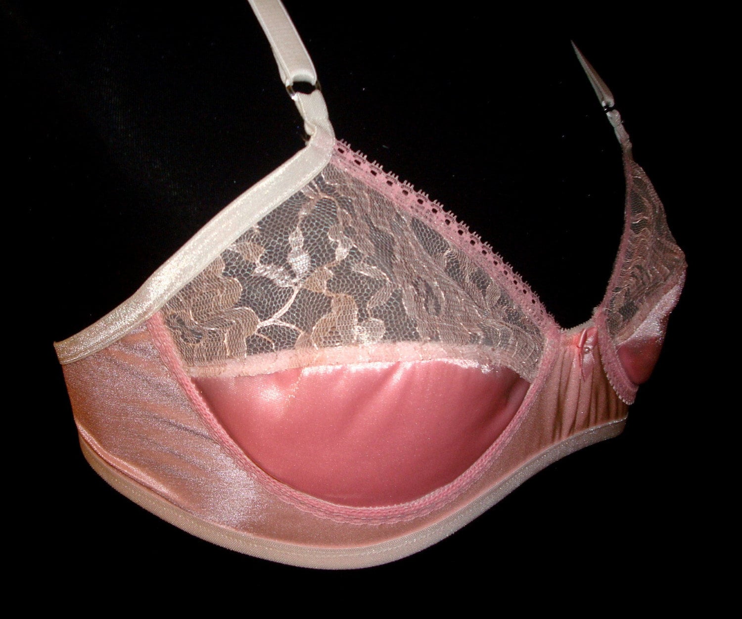 Adult Sissy Handmade Pink Satin Spandex With Sheer Lace Front Bra For