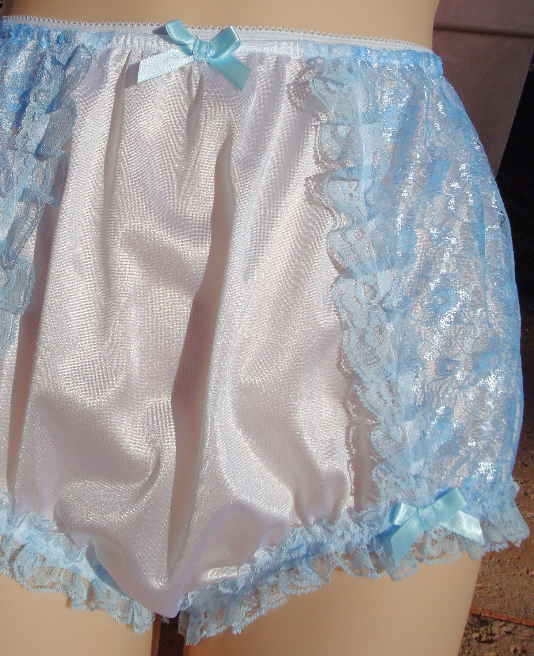 Vintage Style Adult Sissy Tricot And Blue Lace Full Cover Granny Panties