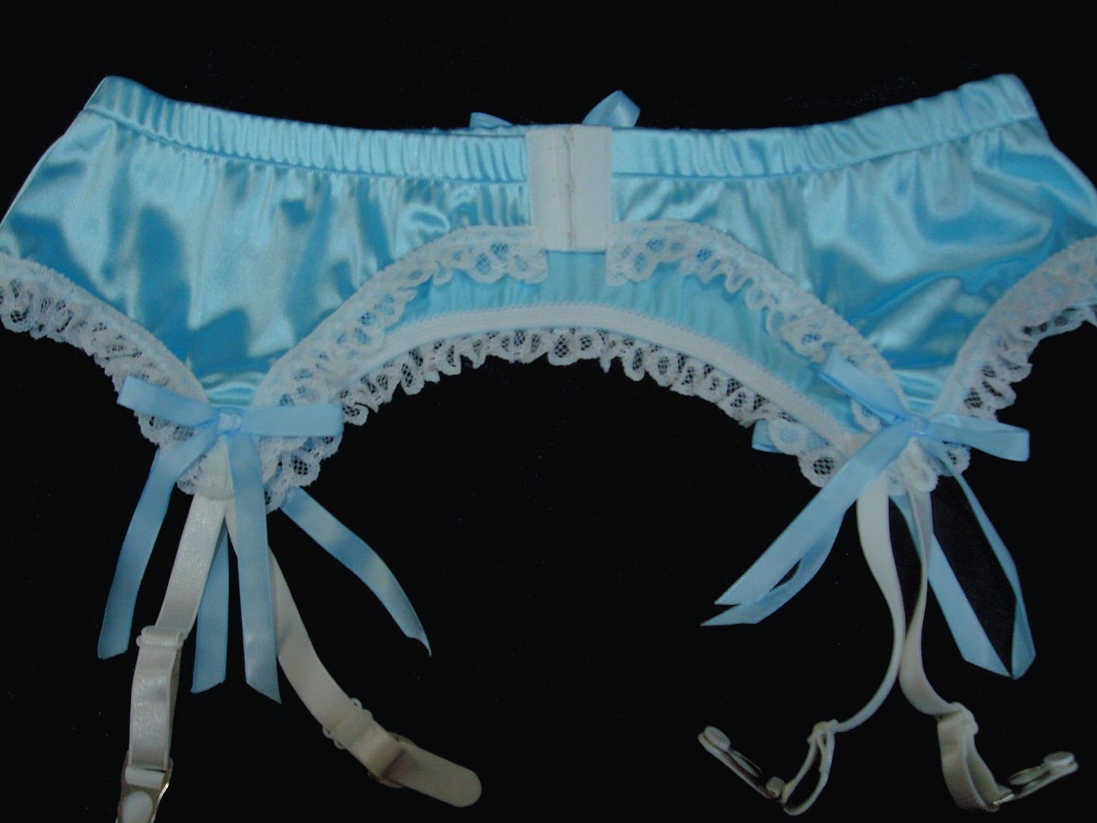 Adult Sissy 4 Strap Lt Blue White Garter Belt Satin And Lace