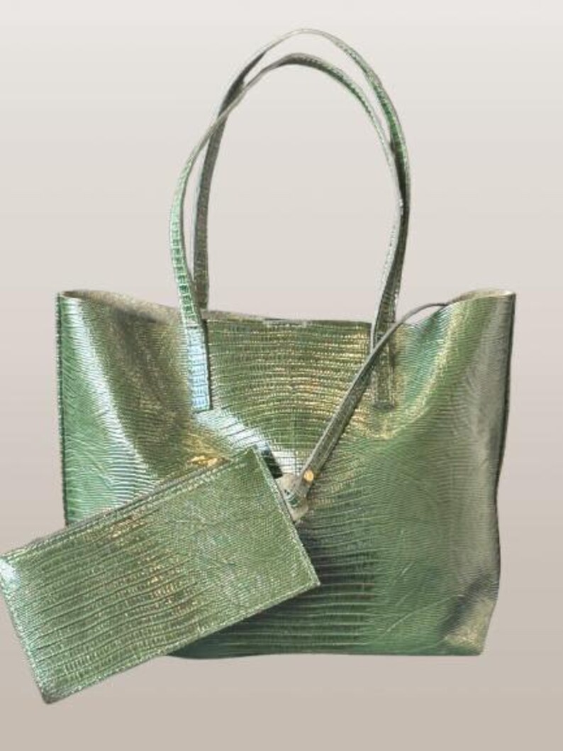 Handmade Green Leather Tote Bag _green Shoulder Bag With Zipper Pouch ...
