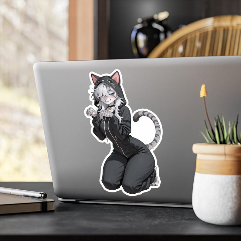 Mischievous Furry Cat Girl Sticker - Cute Waifu in Black Cat Onesie ...