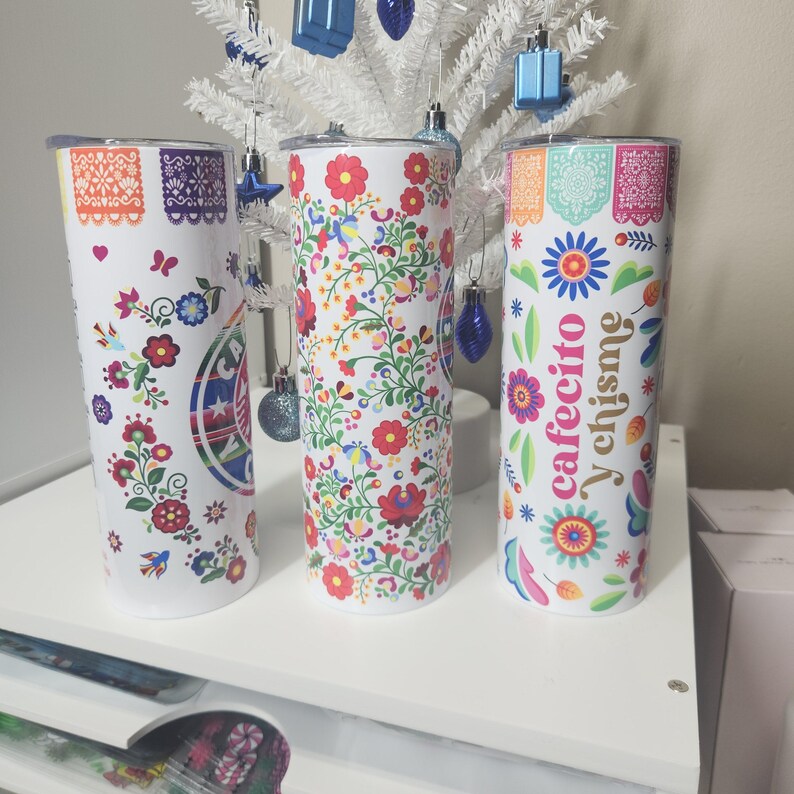Cafecito Y Chisme 20oz Skinny Tumbler, Colorful Mexican Theme Tumbler ...