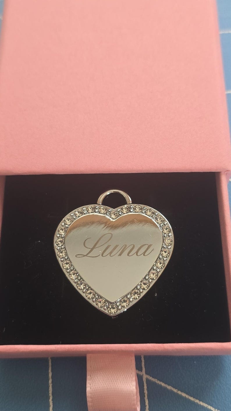 Heart Dog Tag Personalized Pet Identification Pendant Crystal Border ...