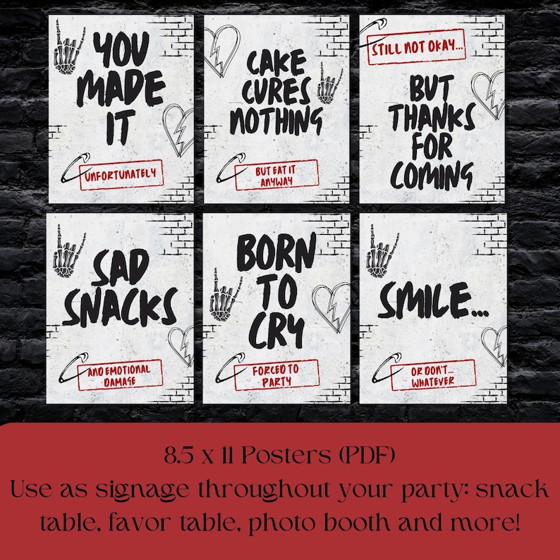 Emo Birthday Party Decor Bundle: Banner, Signs, Favor Tags (digital ...