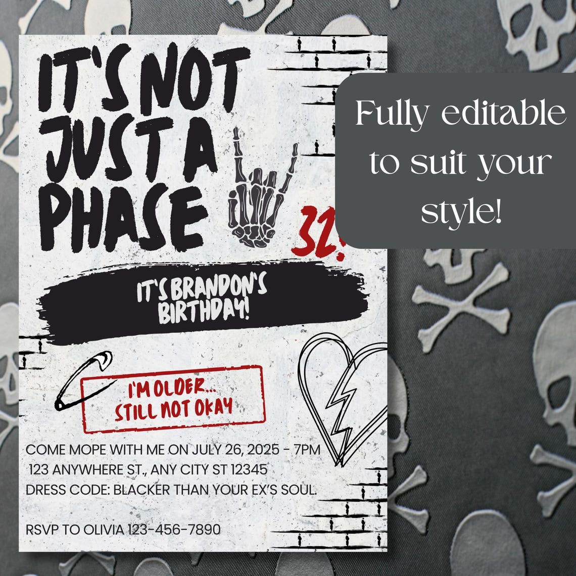 Emo Birthday Party Invitation, Canva Template Invite, Digital Printable ...