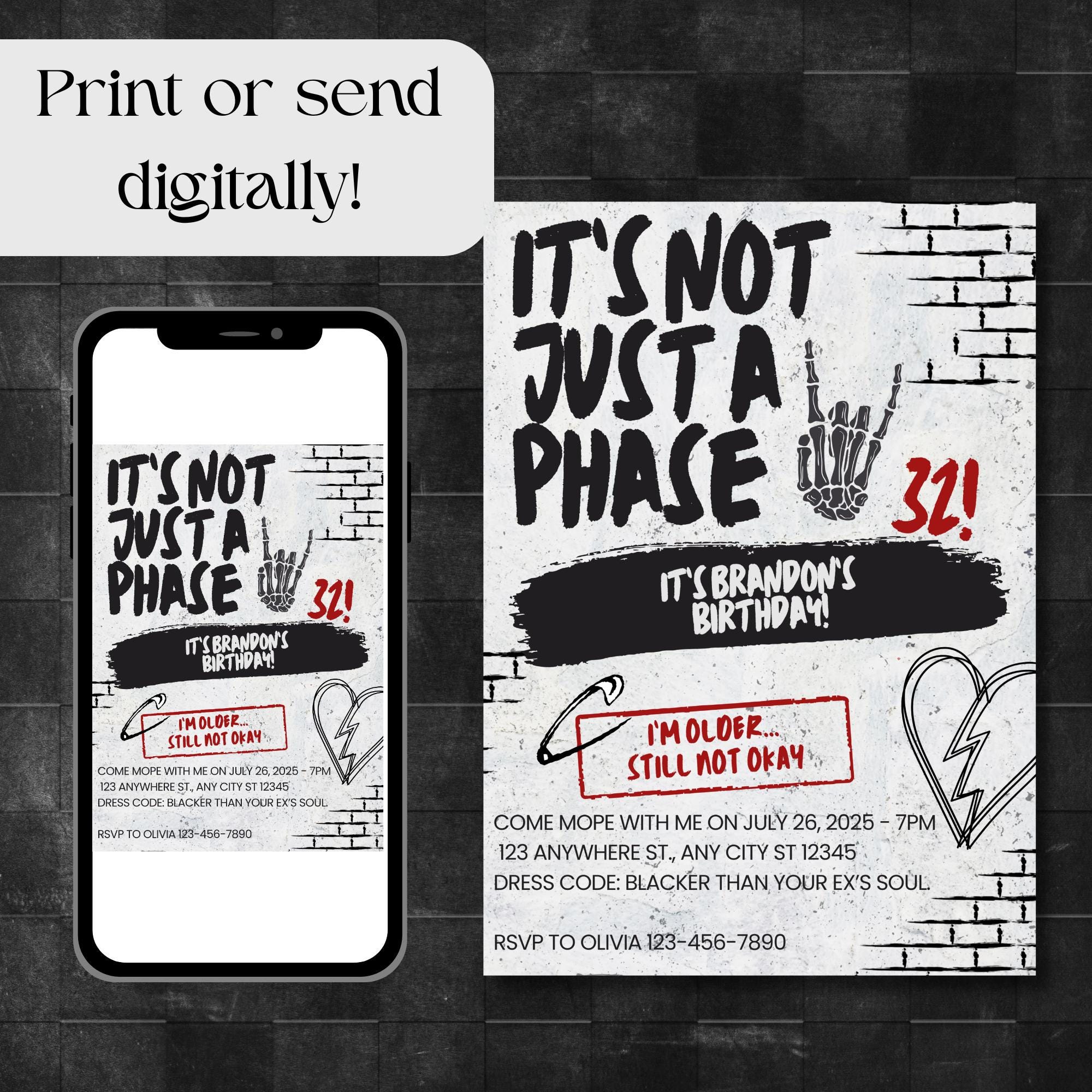 Emo Birthday Party Invitation, Canva Template Invite, Digital Printable ...