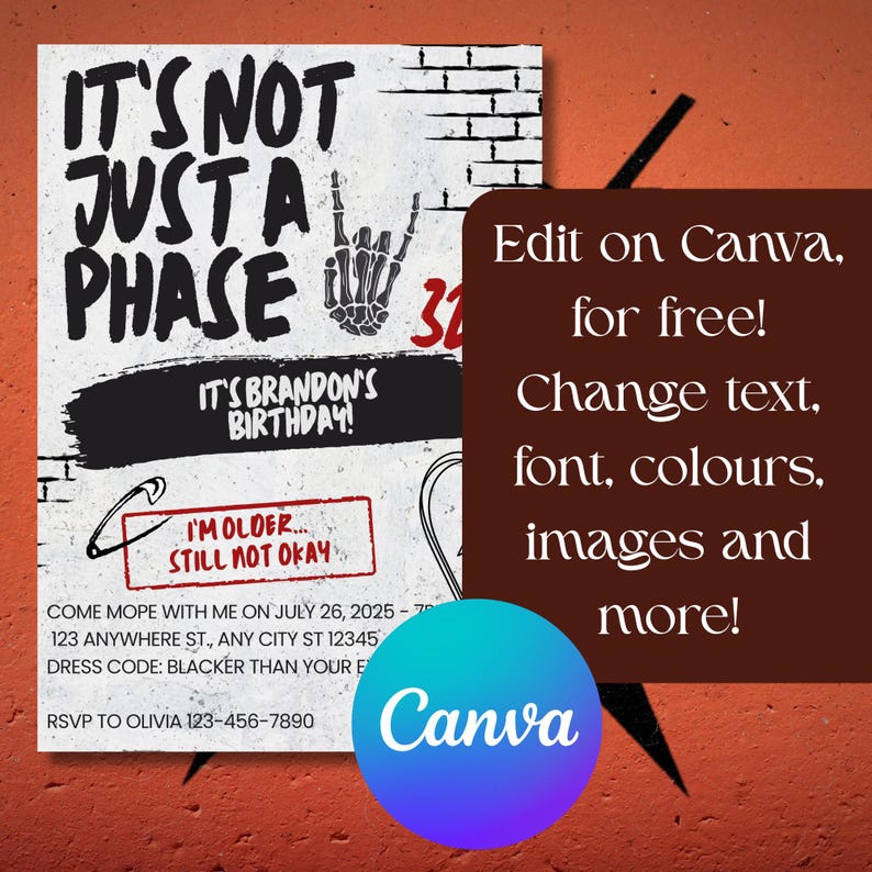 Emo Birthday Party Invitation, Canva Template Invite, Digital Printable ...