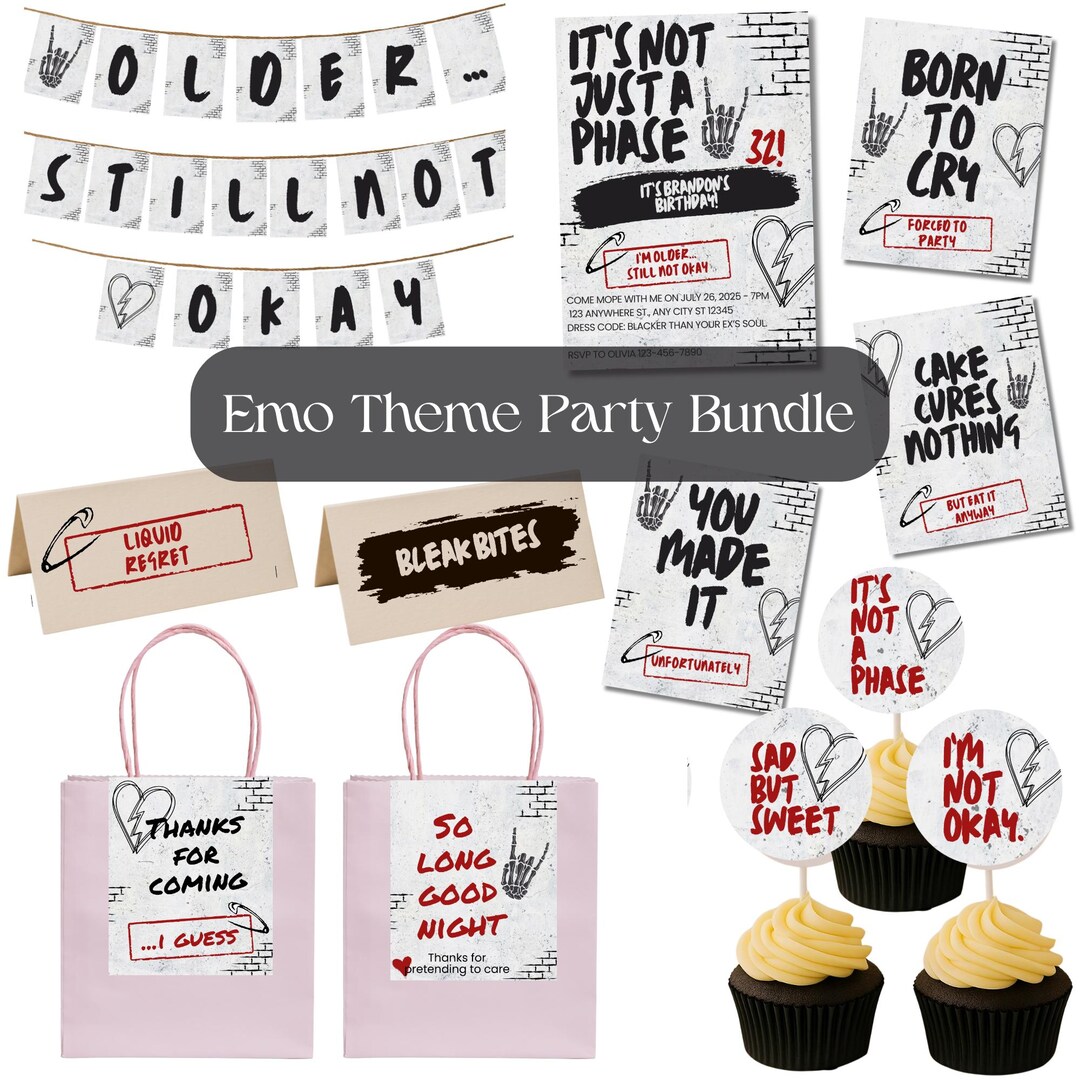 Emo Birthday Party Bundle Package, Invitation Banner Sign Cupcake ...