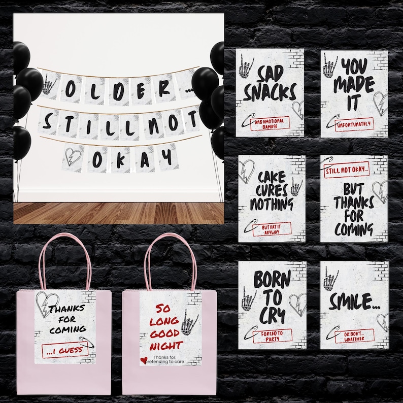 Emo Birthday Party Decor Bundle: Banner, Signs, Favor Tags (digital ...