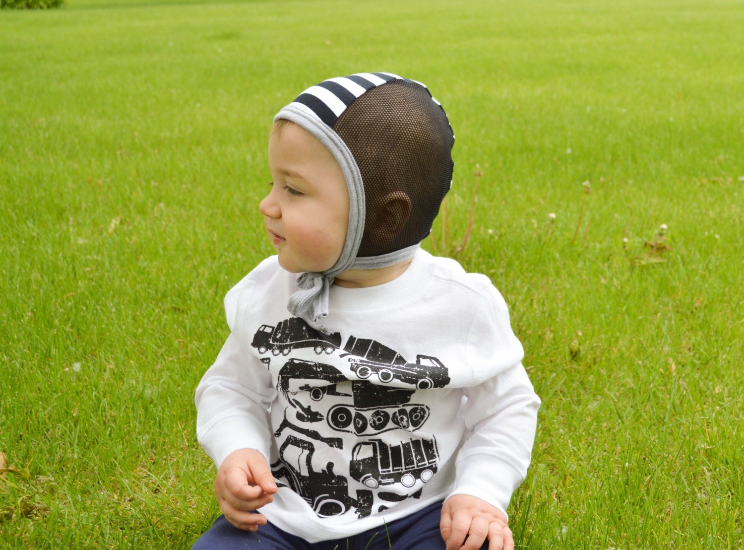 Baby Pilot Hat Black Stripe With Mesh Panels Hearing Aid Hat - Etsy