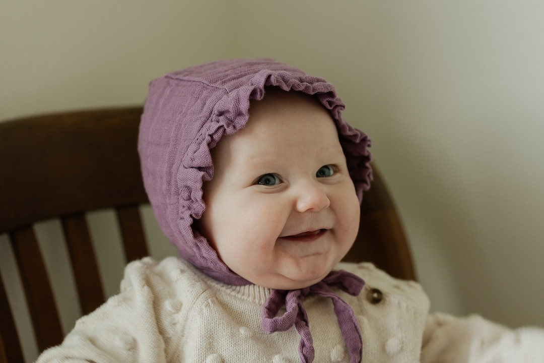 Baby Bonnet With Ruffle Bonnet, Purple Double Gauze Hat With Ties, Baby ...