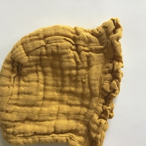 Baby Bonnet With Ruffle Brim, Gold Double Gauze Hat With Ties, Baby ...