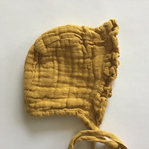 Baby Bonnet With Ruffle Brim, Gold Double Gauze Hat With Ties, Baby ...