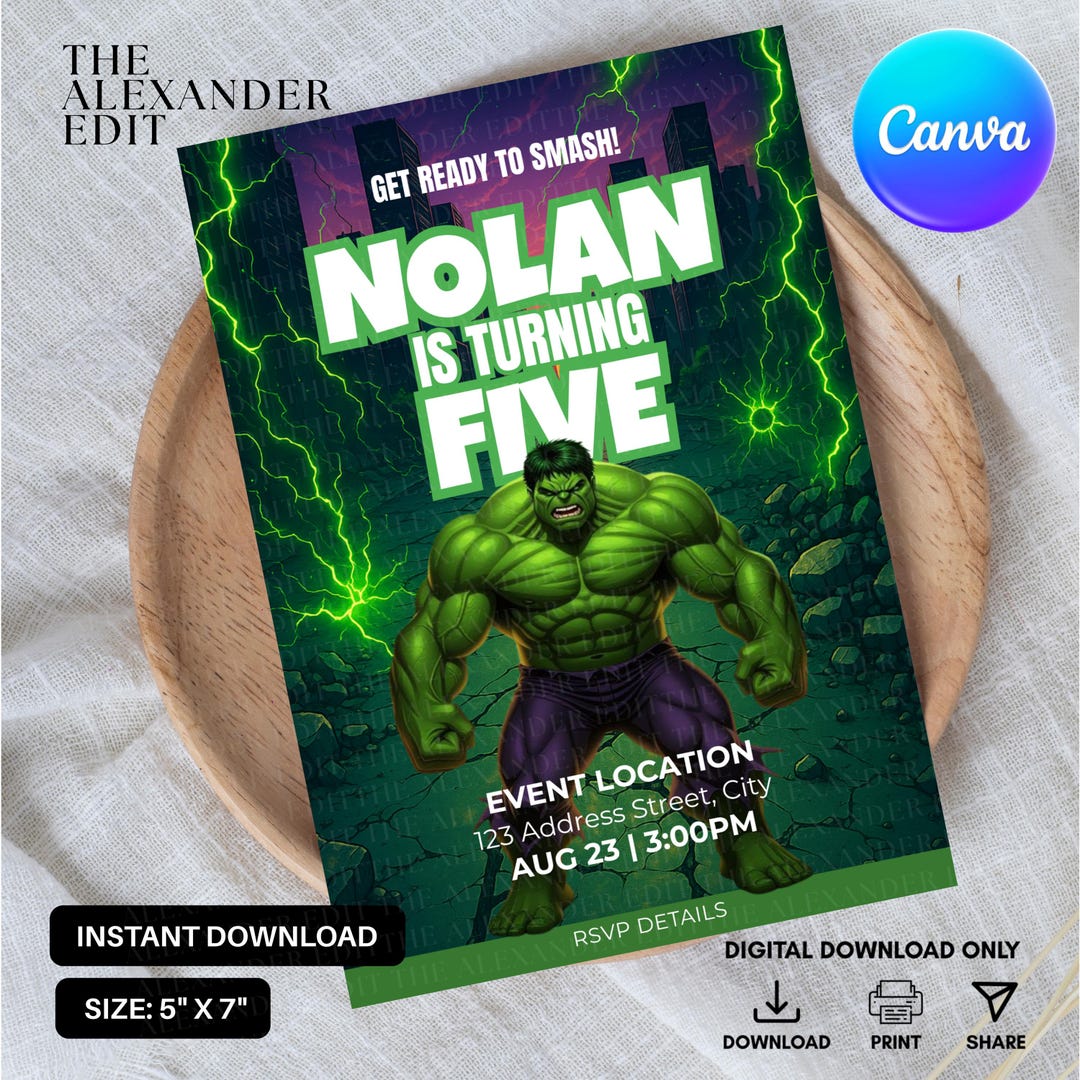 Hulk Birthday Invitation | Editable Canva Template | Green Purple ...
