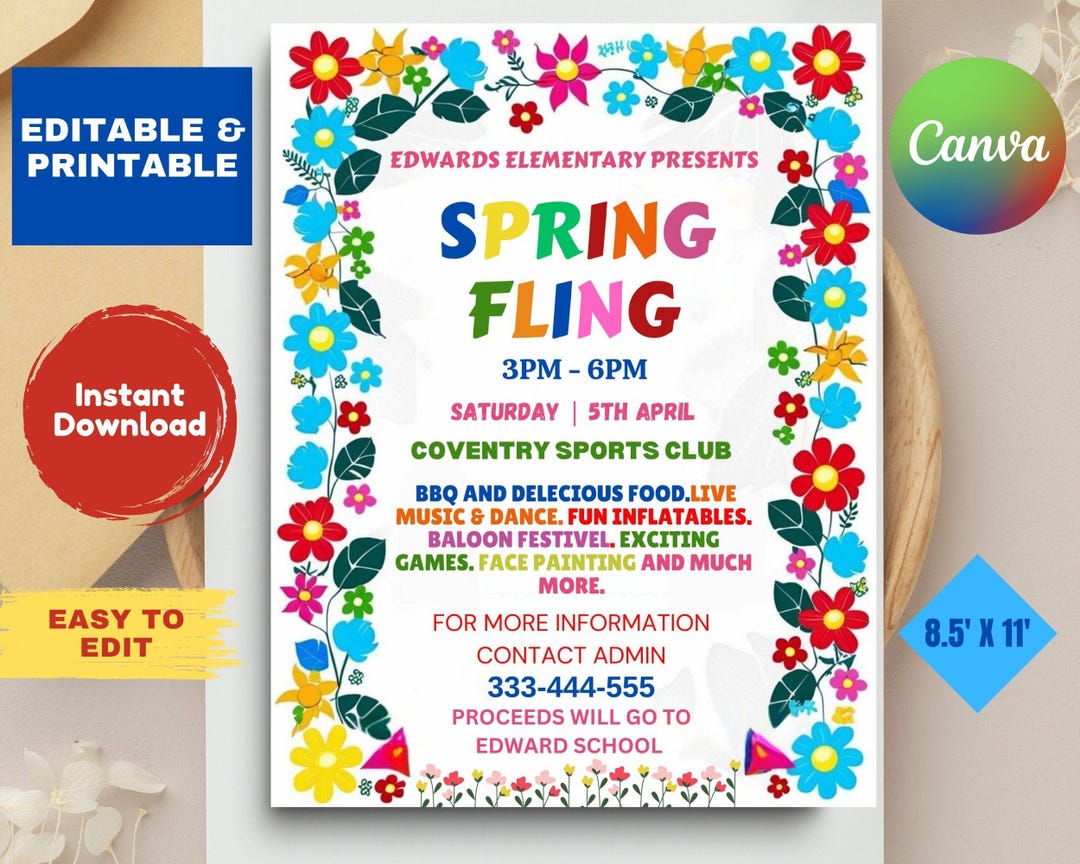 Spring Fling School Flyer Invitation, Editable Spring Fling Festival ...