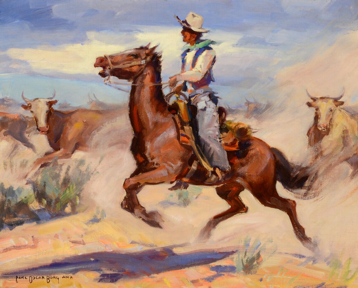 Carl Oscar Borg Print: Cowboy Herding Cattle Fine Art - Etsy