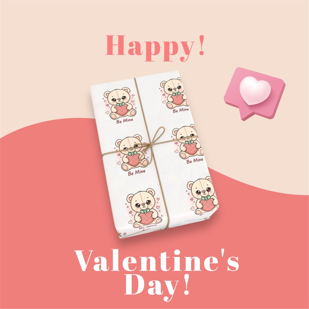 Be Mine Teddy Bear Wrapping Paper | Valentines Day Kawaii Hearts - Etsy