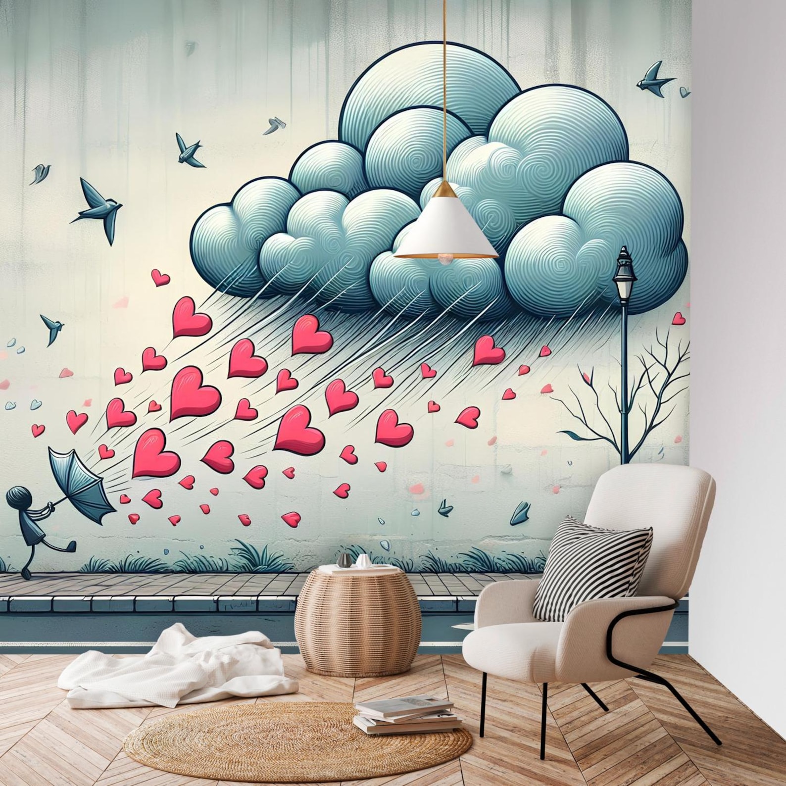 Street Art Rain Cloud Wall Mural - Peel and Stick Heart Rain Wallpaper - Urban Graffiti Accent ...