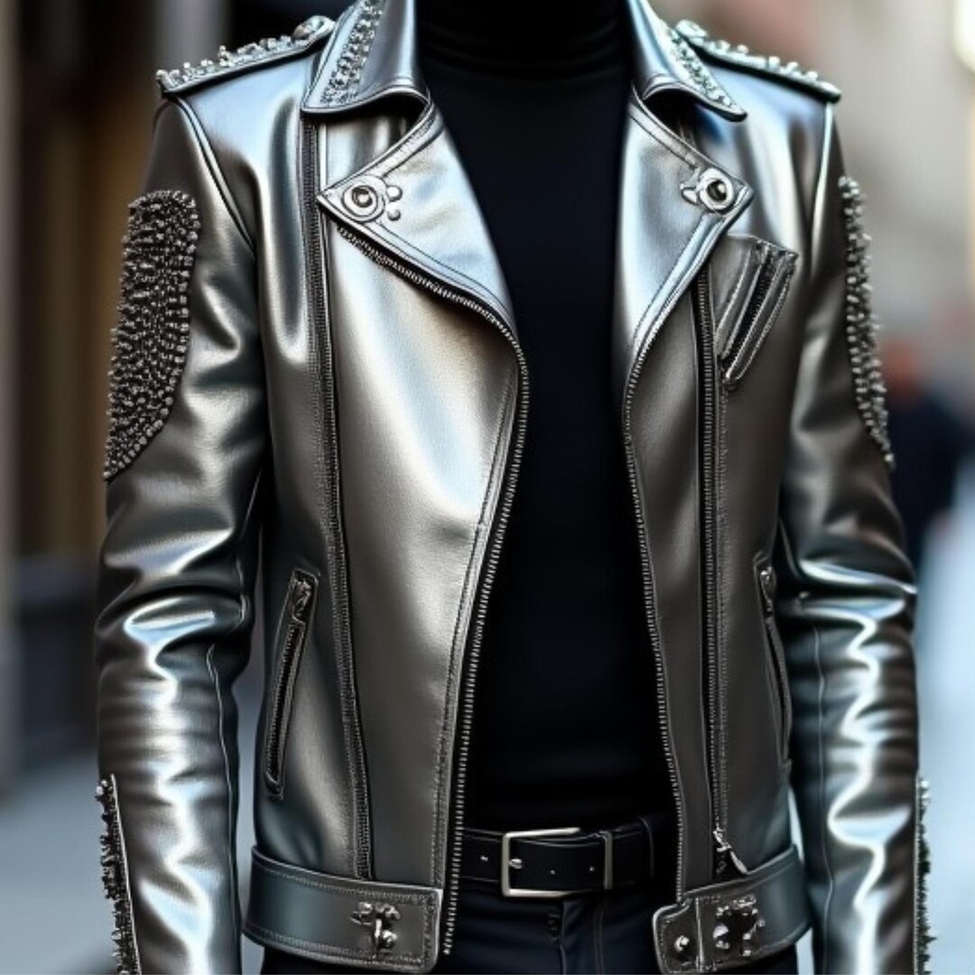Handmade Silver Studded Leather Biker Jacket: Metallic Moto Rocker Coat ...