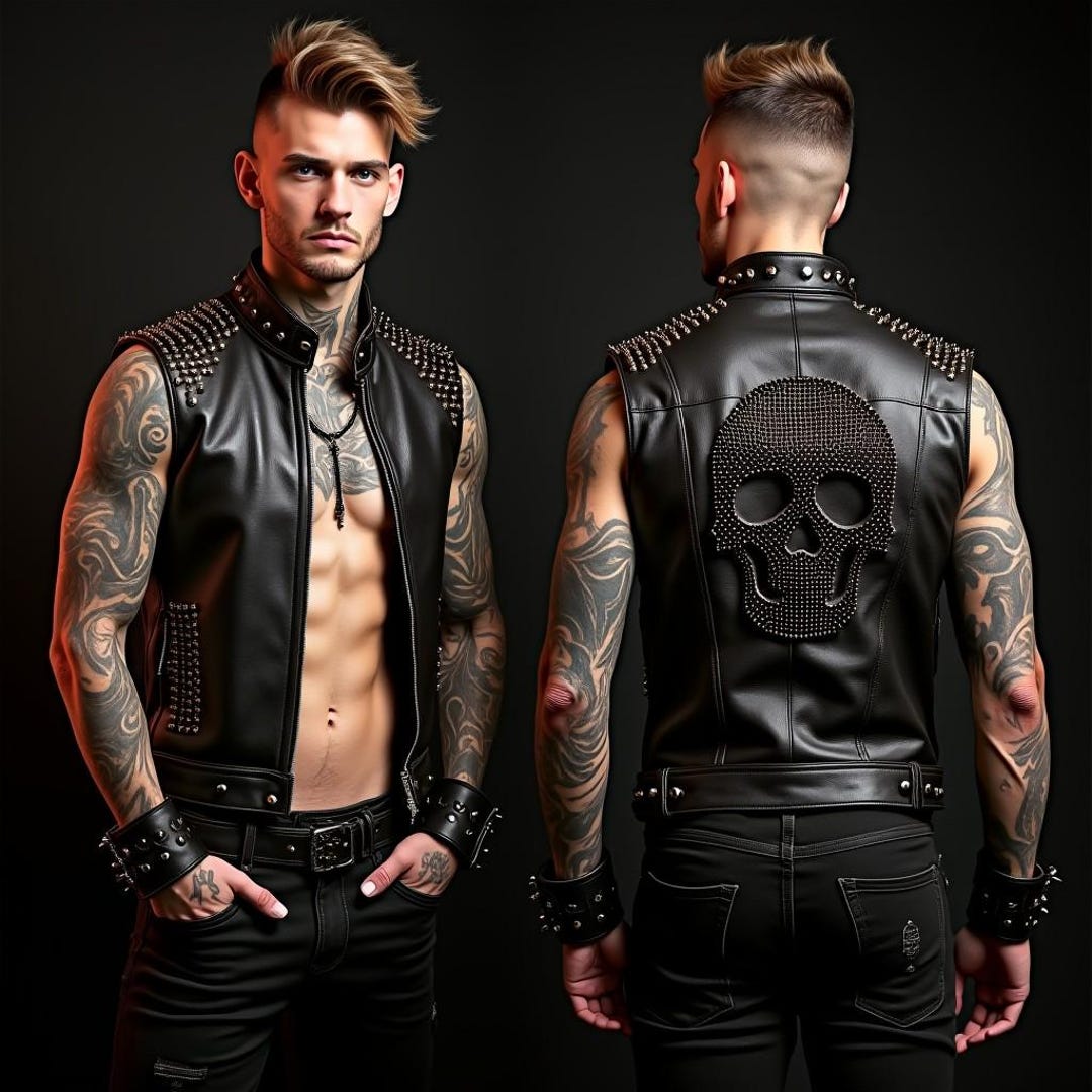 Handmade Black Leather Biker Vest: Studded Skull, Spiked Shoulders - Etsy