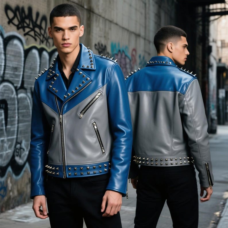 Handmade Spiked Leather Biker Jacket: Blue Grey Studded Moto Jacket - Etsy