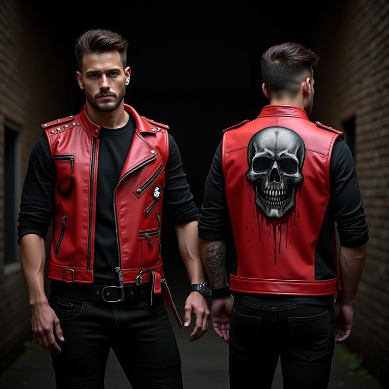 Handmade Red Leather Biker Vest: Dripping Skull Patch, Gothic Moto ...