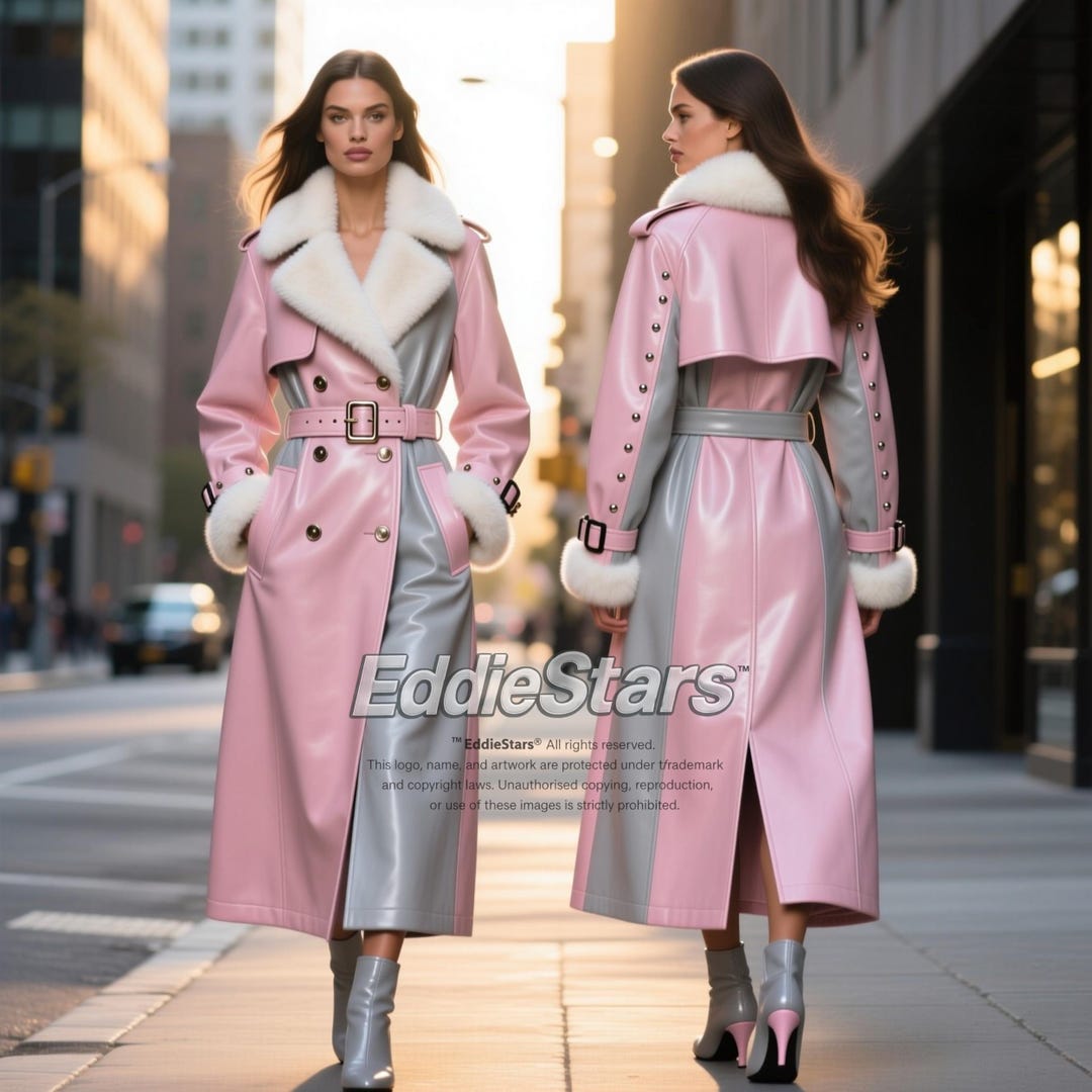 Luxury Two-tone Pink & Grey Genuine Leather Trench Coat With Faux Fur ...