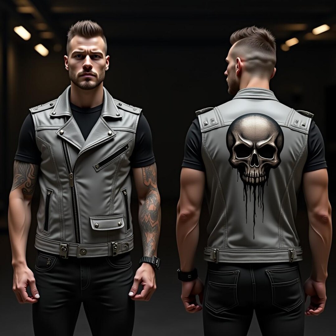 Handmade Gray Leather Biker Vest: Dripping Skull Patch, Studded Gothic ...