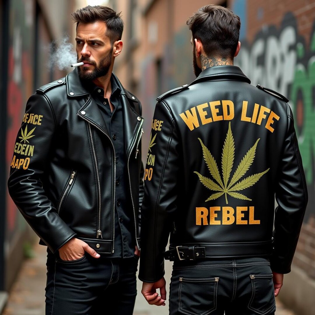 Hand-painted Genuine Leather Jacket – "weed Life Rebel" Cannabis Leaf ...