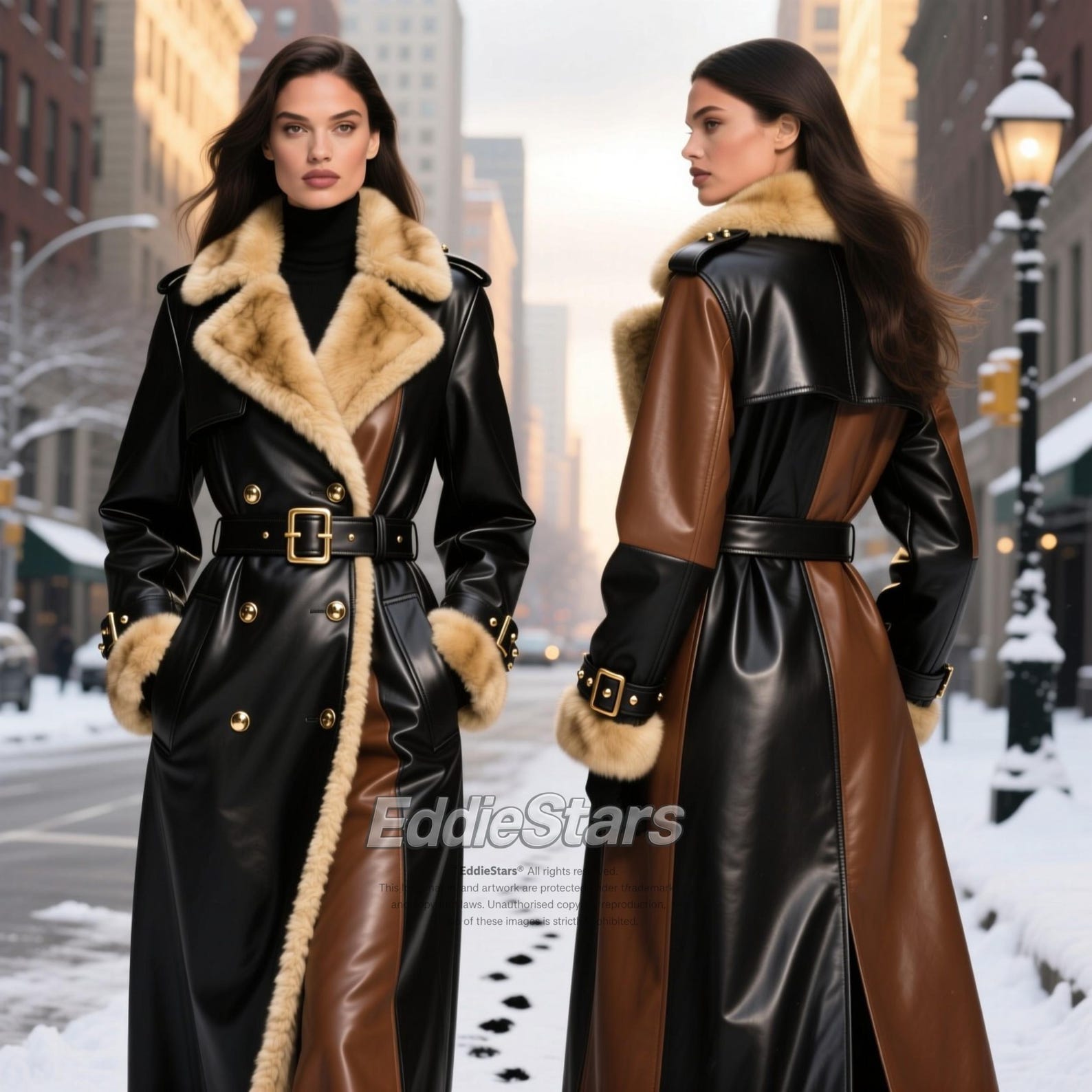 Trench Coat Women Black Cognac Leather | Luxury Fur Lined Cowhide Long ...