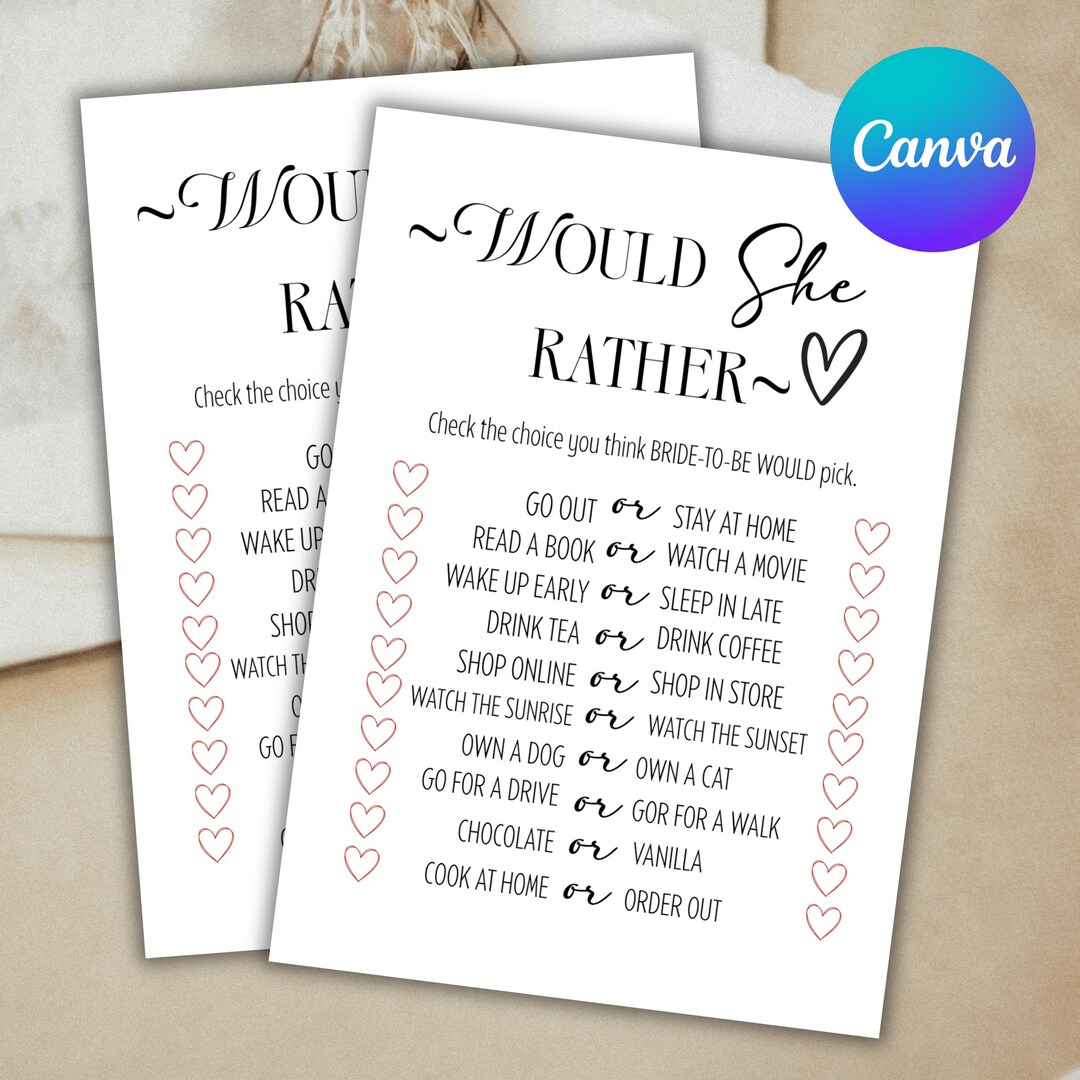 Would She Rather Bridal Shower Game Template, Interactive Bride to Be ...