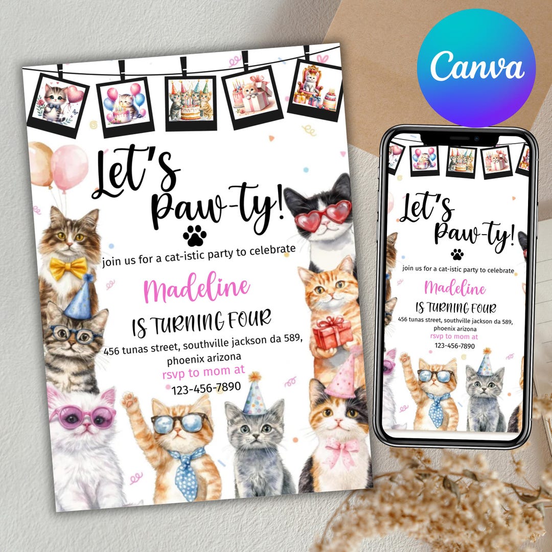 Cat Birthday Party Invitation, Cat Theme Birthday Invite, Kitty Cat ...