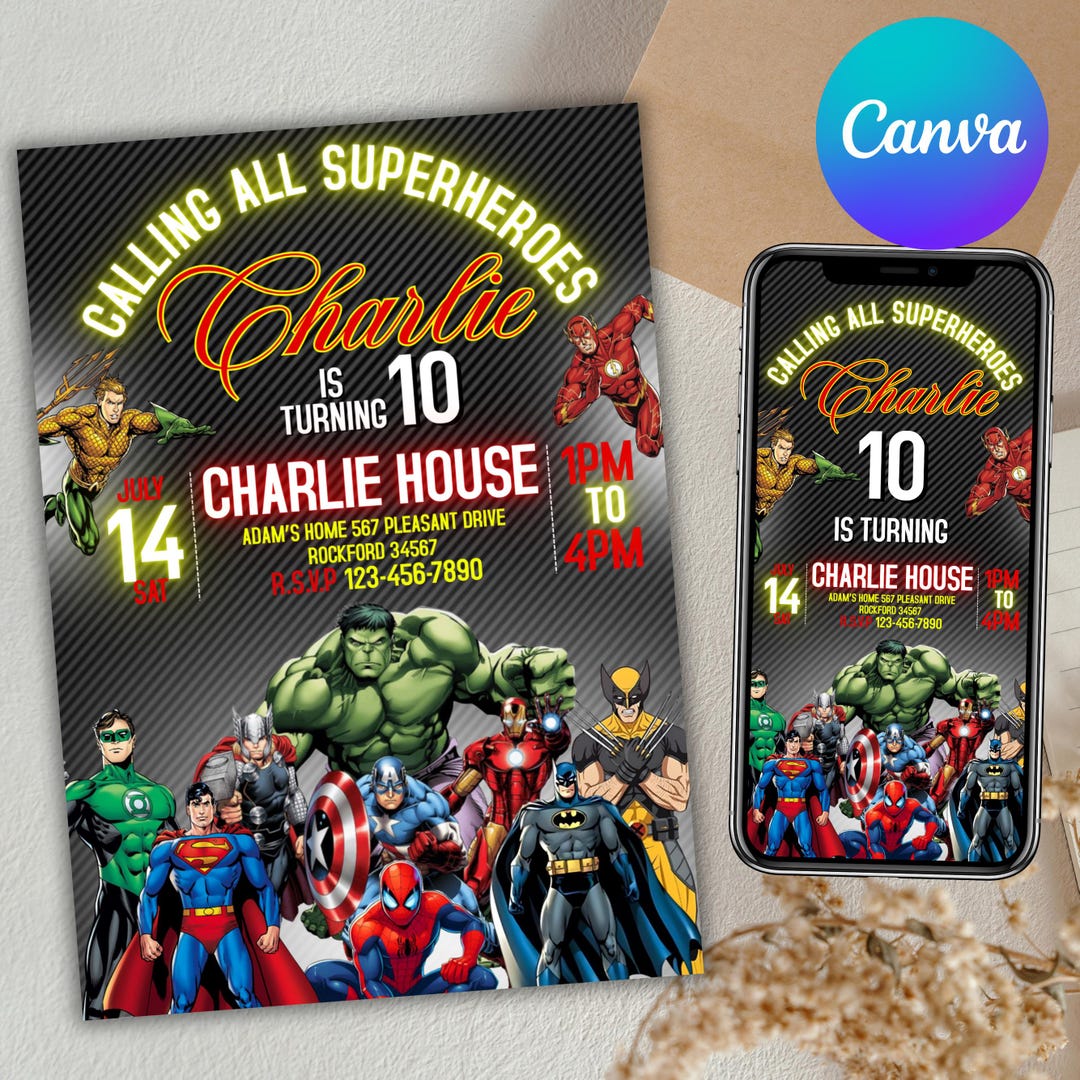Super Heroes Birthday Invitation, Spider-man Iron Man Birthday Invite ...