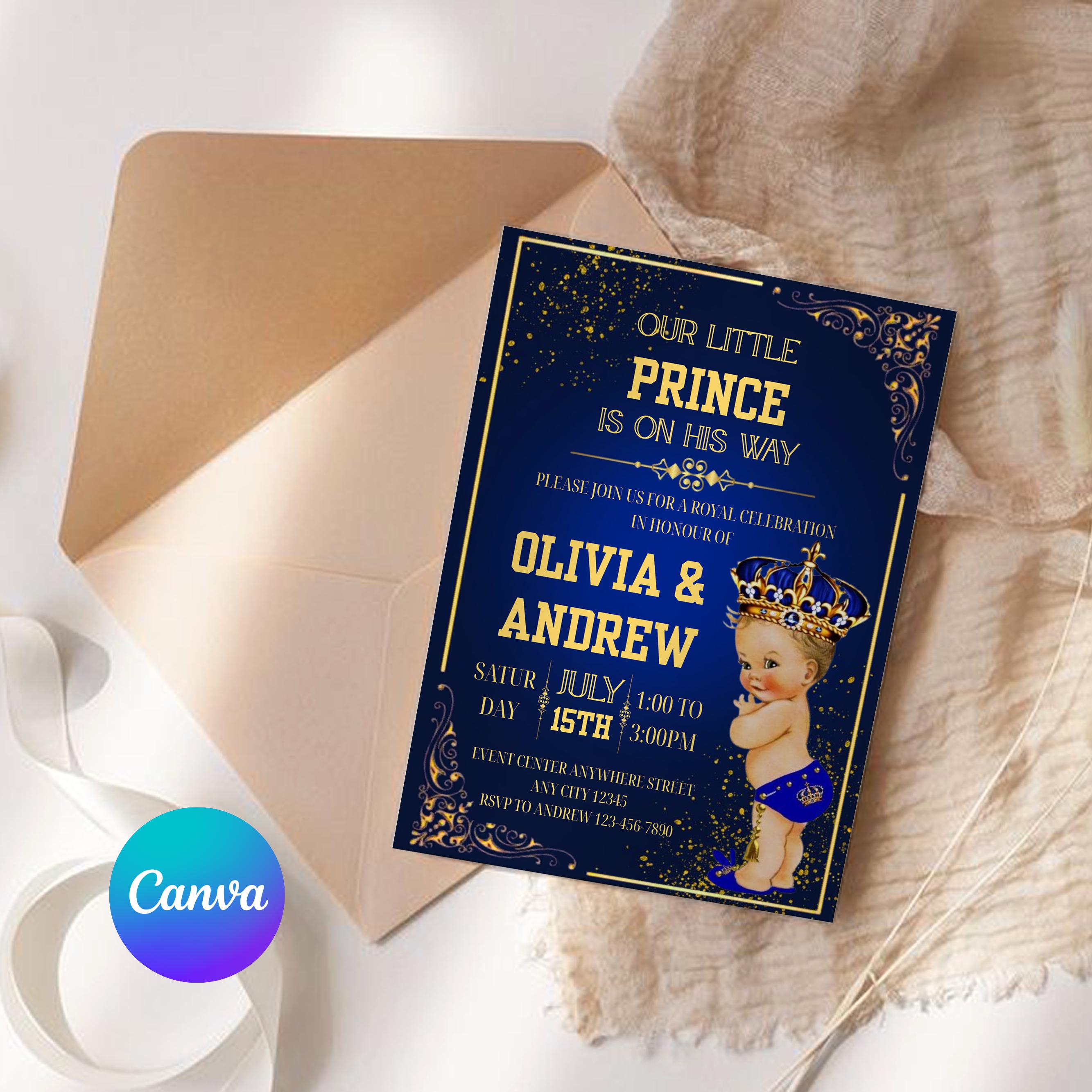 Royal Prince Baby Shower Invitation: Navy, Gold Crown (canva Editable ...