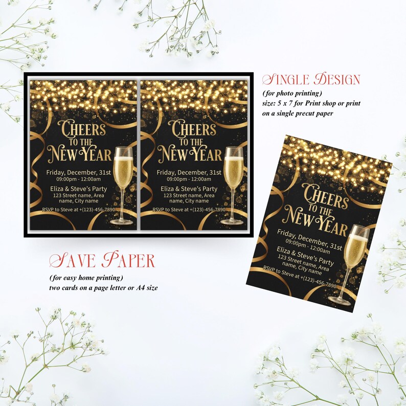 Digital New Years Eve Party Invitation, NYE Celebration Invite, Black ...