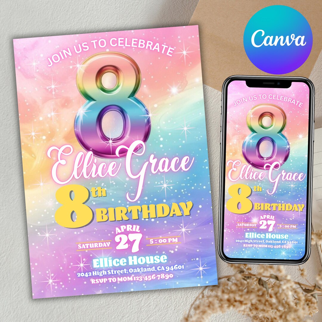 Pink 8th Birthday Invitation, Birthday Party Invitation, Glitter ...