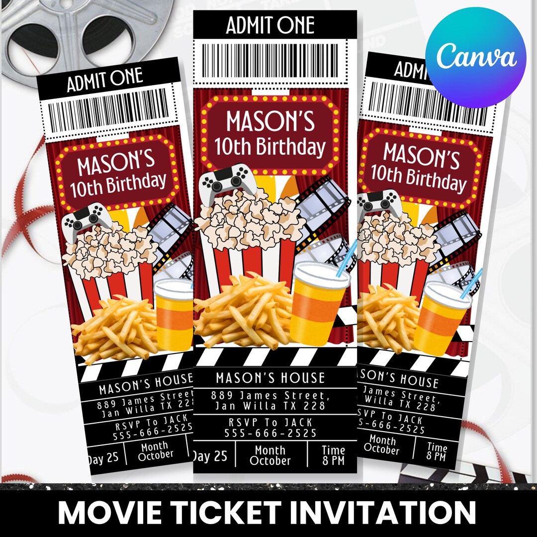 Editable Movie Ticket Invitation, Movie Party Birthday Invitation ...
