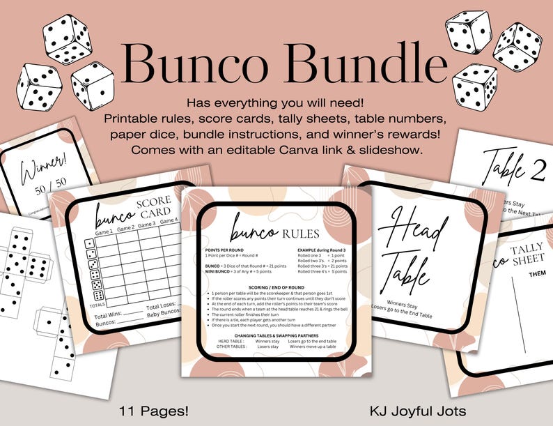 Printable Bunco Party Game Kit: Score Cards, Rules, Tally Sheets, Table ...