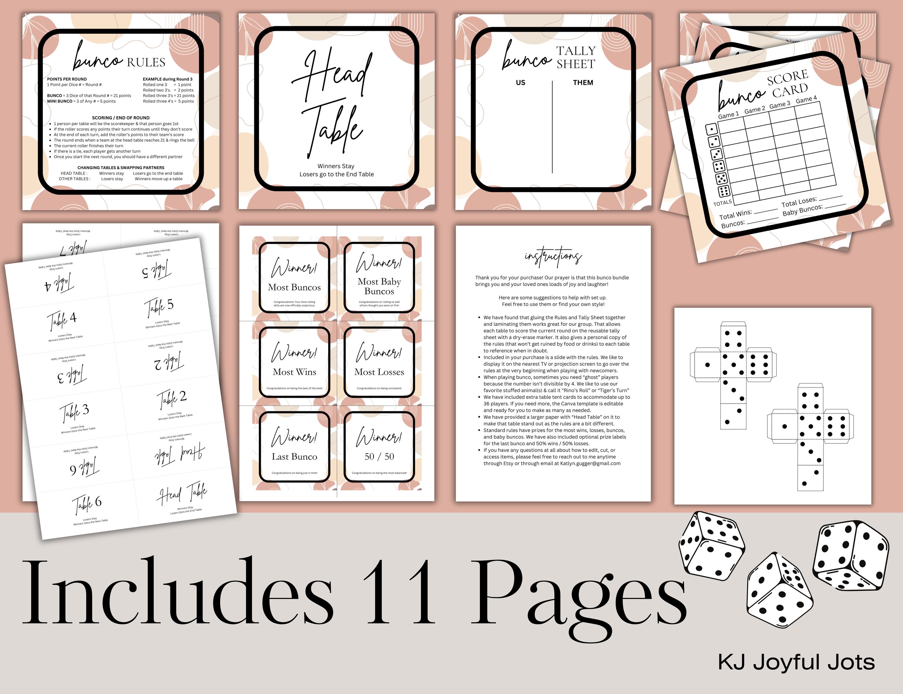 Printable Bunco Party Game Kit: Score Cards, Rules, Tally Sheets, Table ...