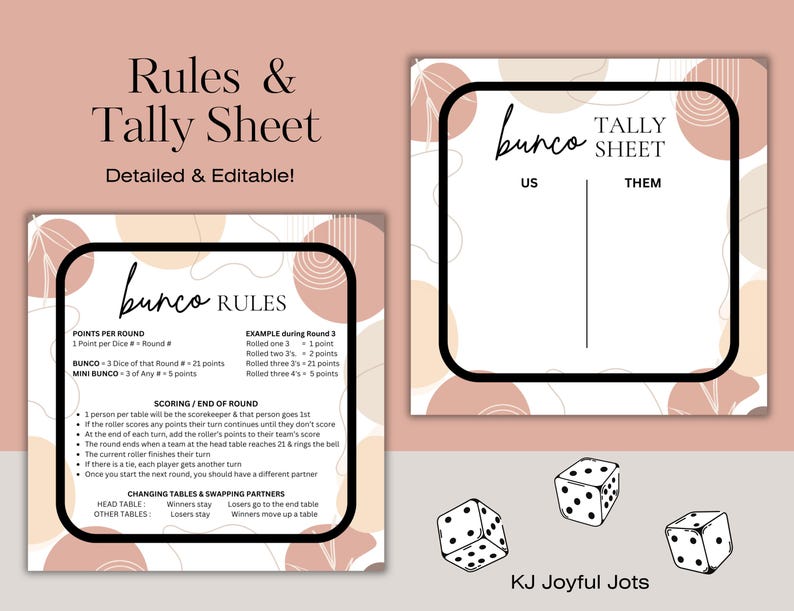 Printable Bunco Party Game Kit: Score Cards, Rules, Tally Sheets, Table ...