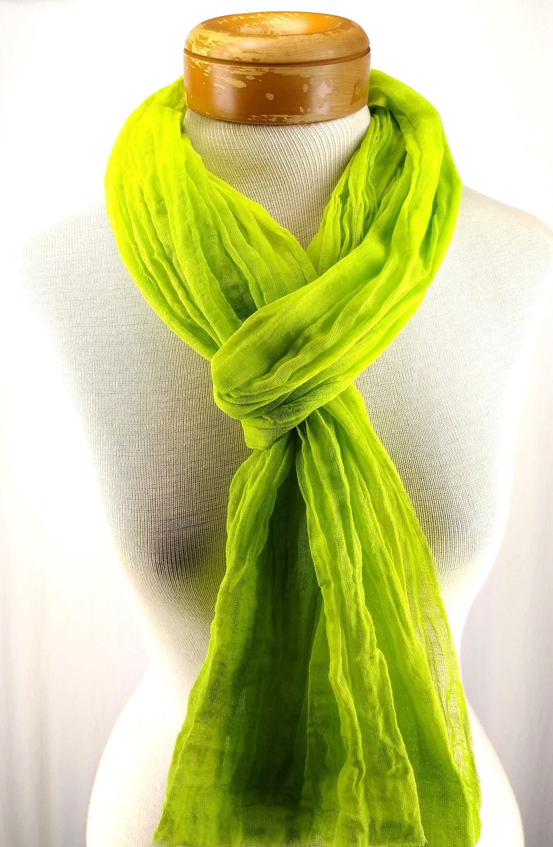 Chartreuse Cotton Gauze Scarf, Sheer Yellow Green Hand Dyed Scarf 234 ...
