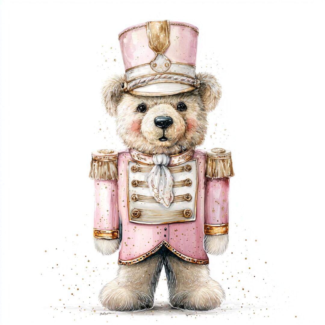Nutcracker Teddy Bear Watercolor Print, Pink Christmas Nursery Art ...
