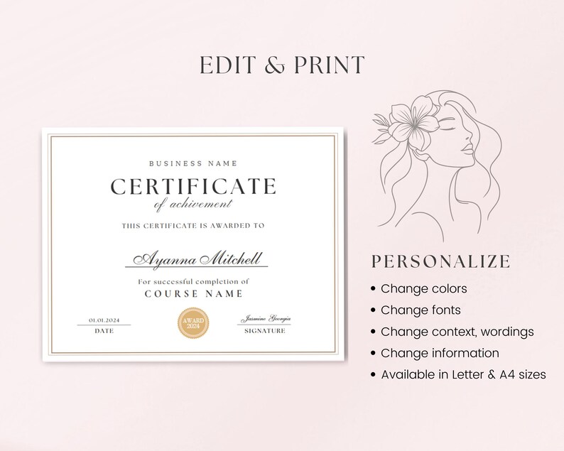 Certificate of Completion Template, Printable Course Certificate of ...
