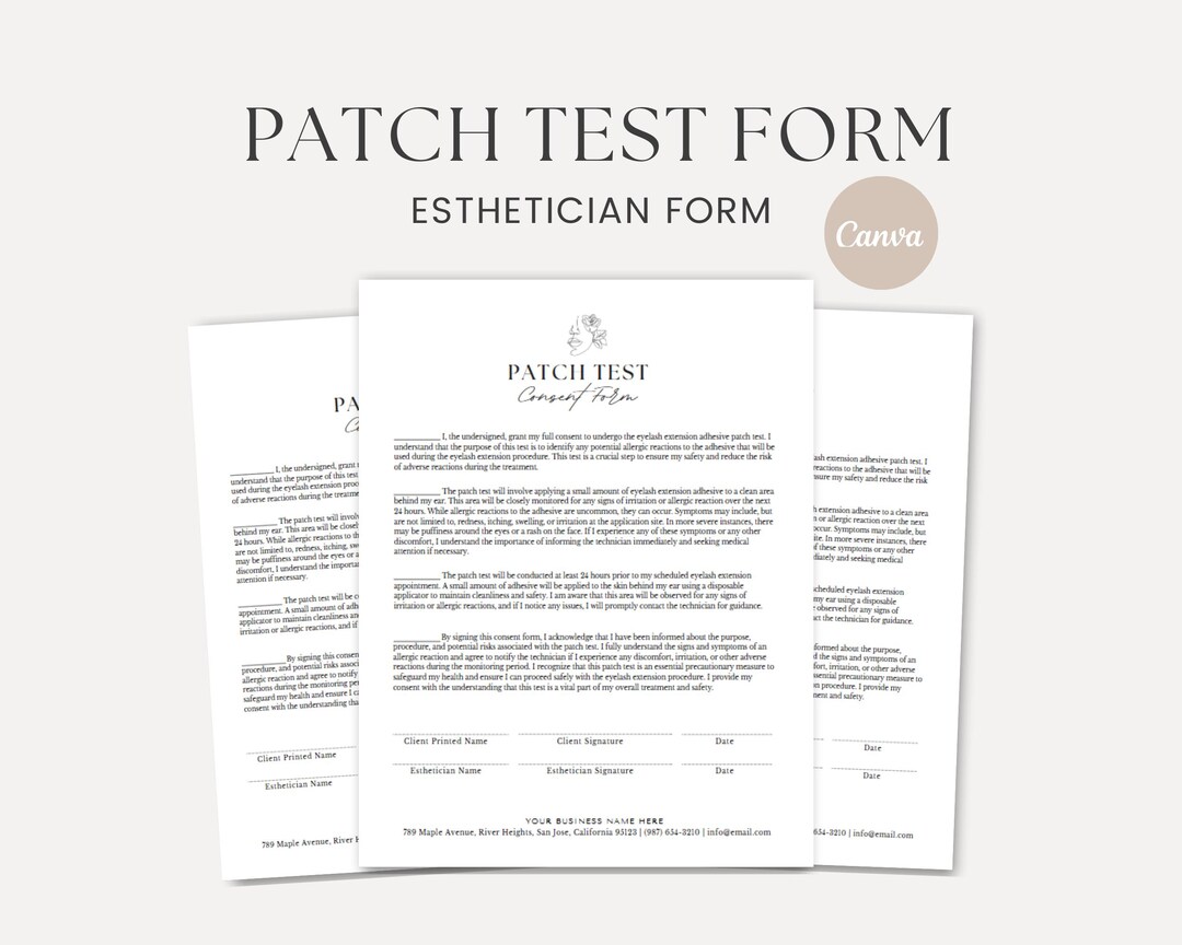 Eyelash Extension Patch Test Form, Patch Test Form Template, Editable ...